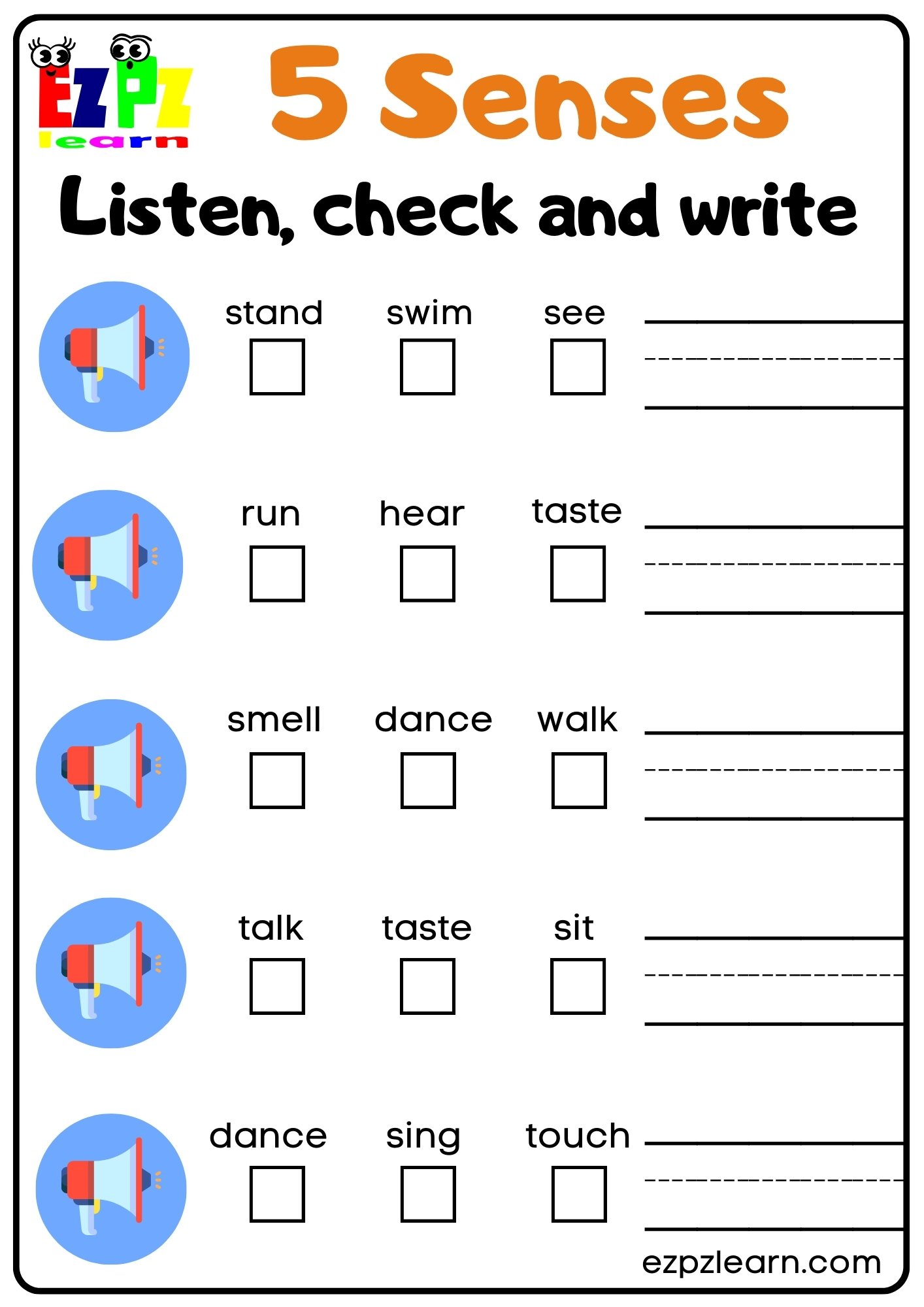 Five Senses Vocabulary Interactive Worksheet Listen, Check and Write the Words Activity for Kids ...